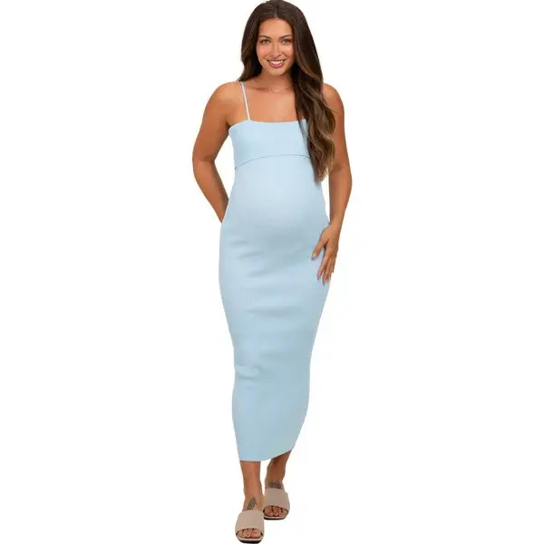 PINKBLUSH Rib Knit Off Shoulder Fitted Midi Dress - Light Blue