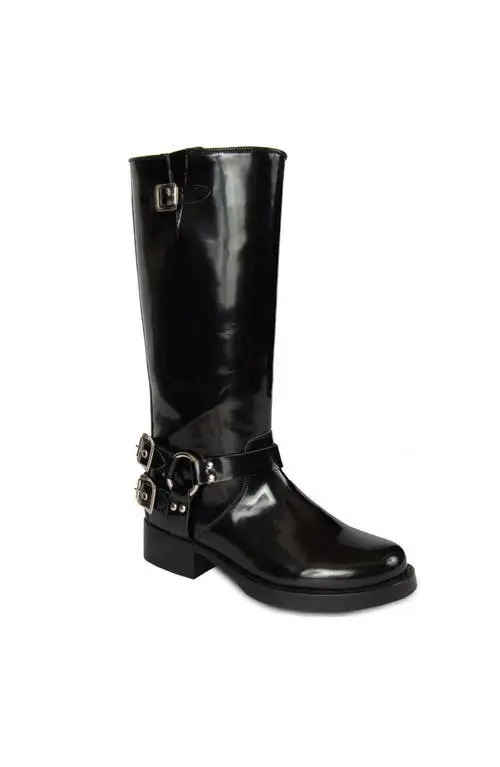 URBNKICKS Tall Distressed Biker Boots - Black
