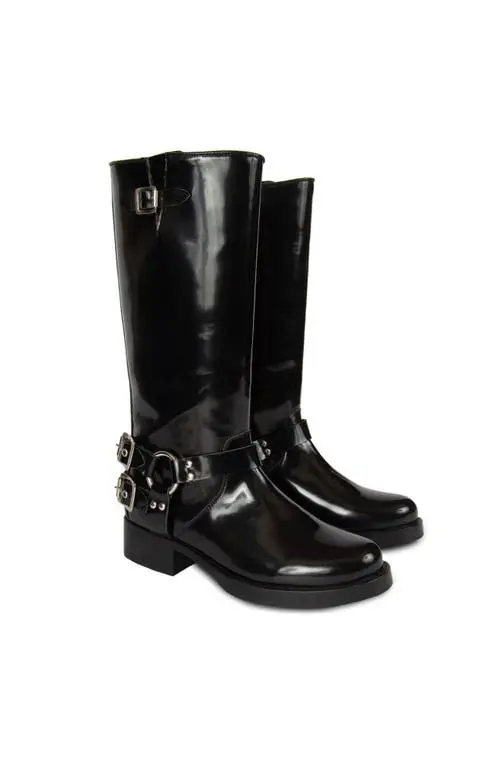 URBNKICKS Tall Distressed Biker Boots - Black