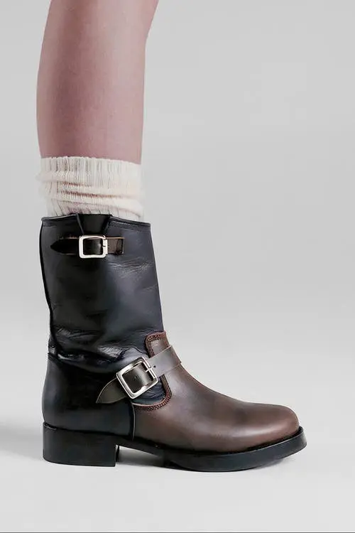 URBNKICKS Two-tone Leather Biker Boots