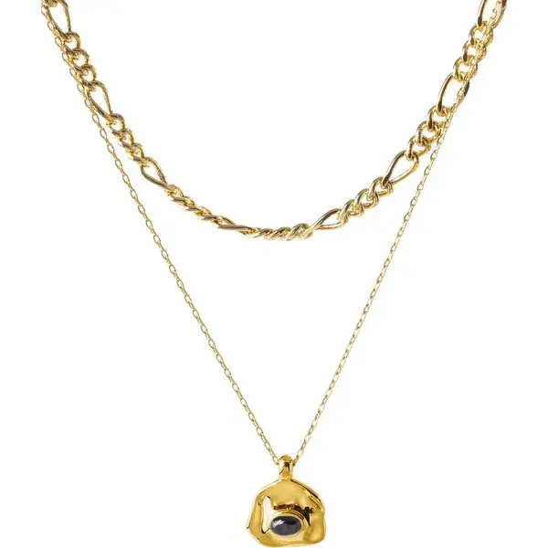 CLASSICHARMS Aria Gemstone Pendant Necklace And Figaro Chain Layering Set - Gold/noir Black