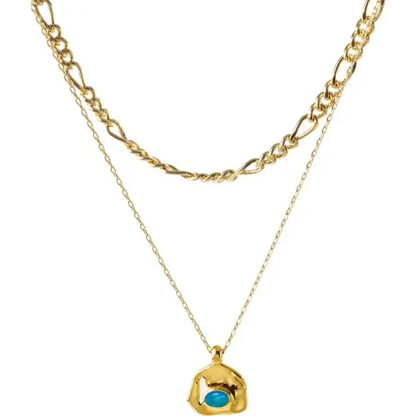CLASSICHARMS Aria Gemstone Pendant Necklace And Figaro Chain Layering Set - Gold/sky Blue