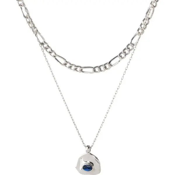 CLASSICHARMS Aria Gemstone Pendant Necklace And Figaro Chain Layering Set - Silver/royal Blue