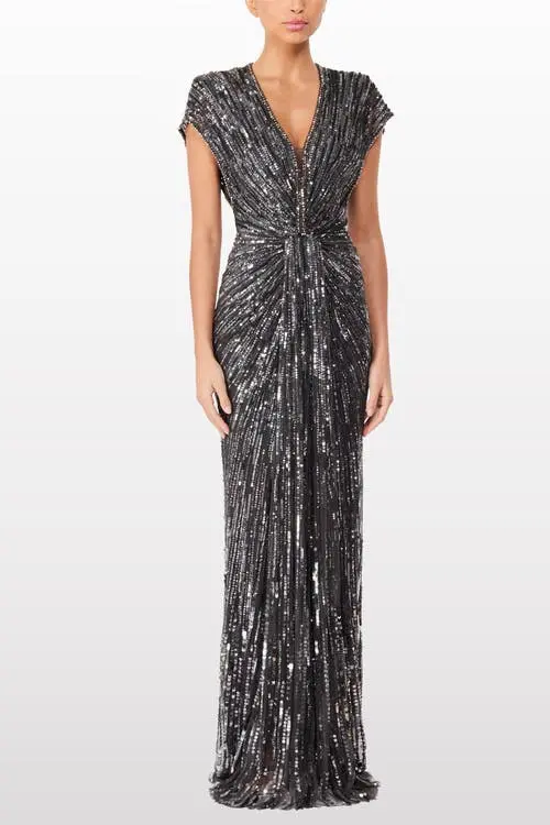 Jenny Packham Sequin-embellished V-neck Maxi Dress - Shadow Grey