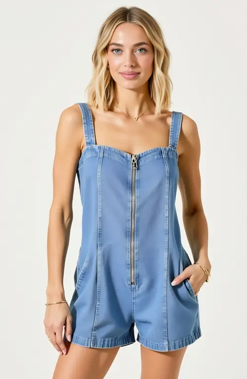 MODENAIRE Denim Zip-front Romper With Side Pockets - Light Wash Denim