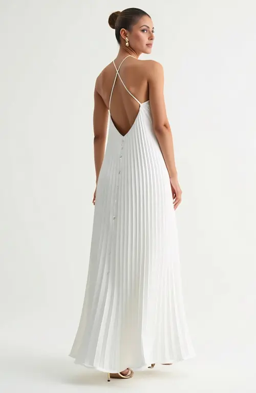 MODENAIRE Backless Pleated Crisscross-strap Maxi Dress