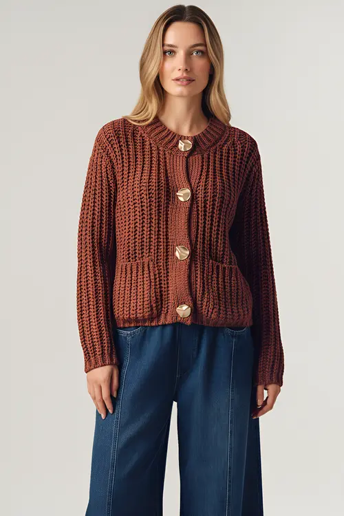 MODENAIRE Chunky Ribbed Cardigan With Gold-tone Buttons - Rust