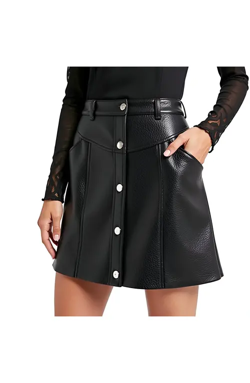 MODENAIRE Faux Leather A-line Mini Skirt With Buttons