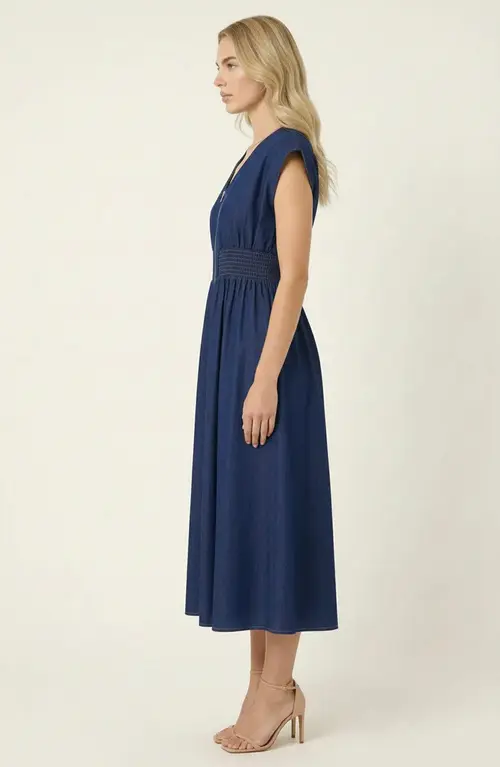 MODENAIRE Zip Front Midi Dress With Cap Sleeves And Smocked Waist - Denim