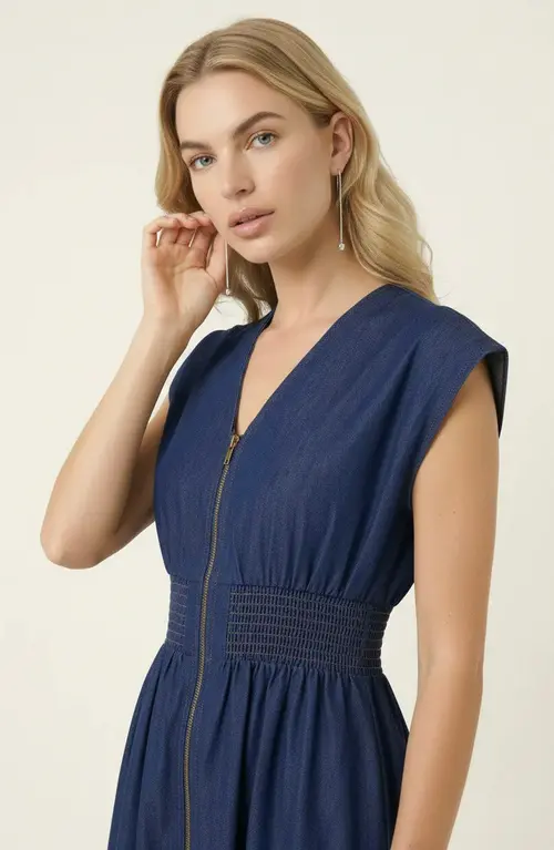 MODENAIRE Zip Front Midi Dress With Cap Sleeves And Smocked Waist - Denim