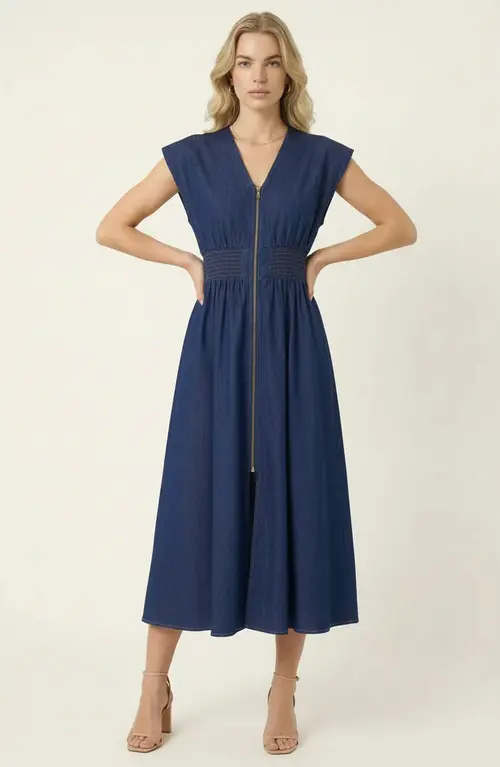MODENAIRE Zip Front Midi Dress With Cap Sleeves And Smocked Waist - Denim