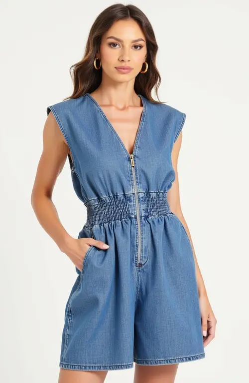 MODENAIRE Denim Cap Sleeve Romper - Denim Blue