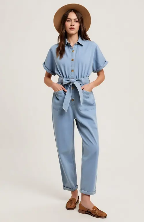 MODENAIRE Short Sleeve Denim Jumpsuit With Tie Waist And Rolled Cuff - Light Blue