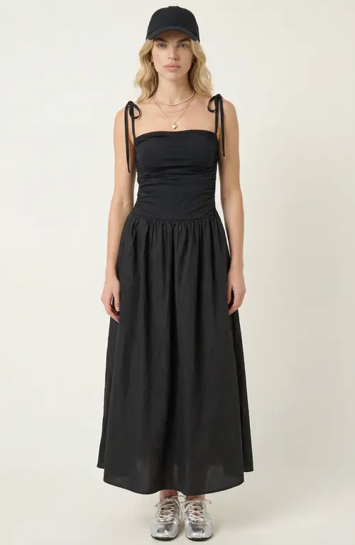 MODENAIRE Ruched Bodice Tie Strap Midi Dress - Black