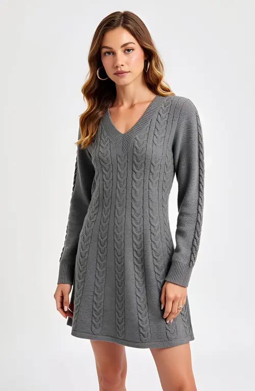 MODENAIRE Cable Knit V-neck Sweater Dress