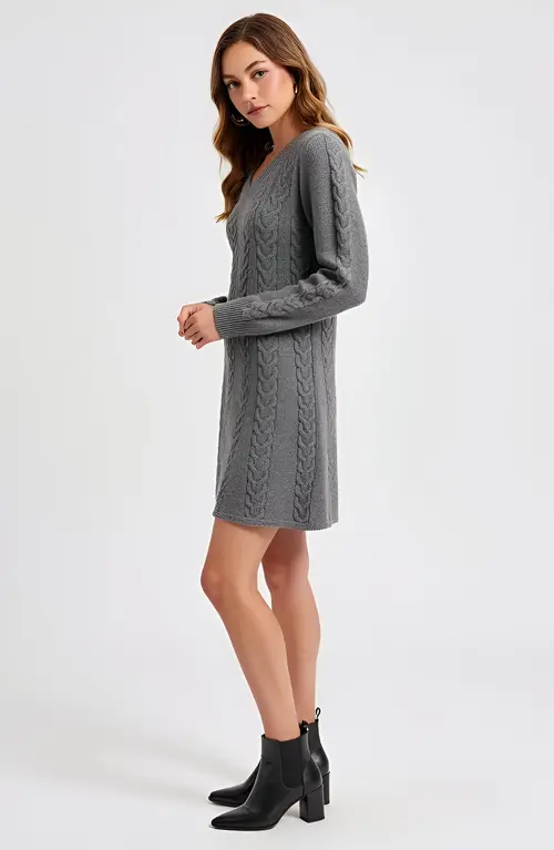 MODENAIRE Cable Knit V-neck Sweater Dress