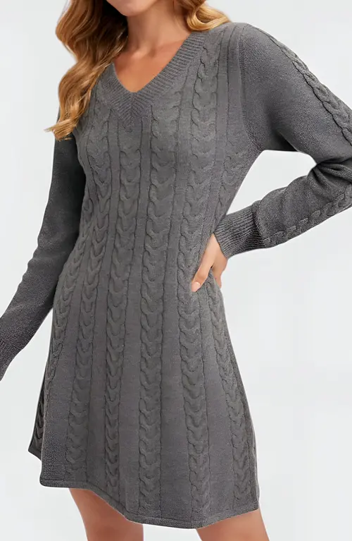MODENAIRE Cable Knit V-neck Sweater Dress