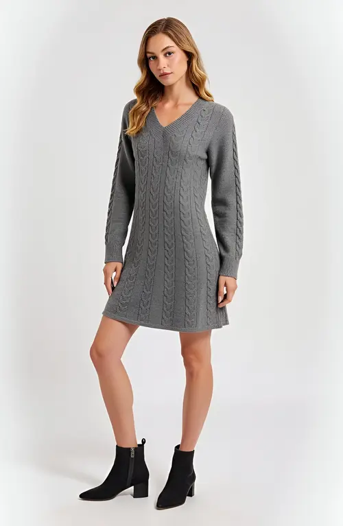 MODENAIRE Cable Knit V-neck Sweater Dress