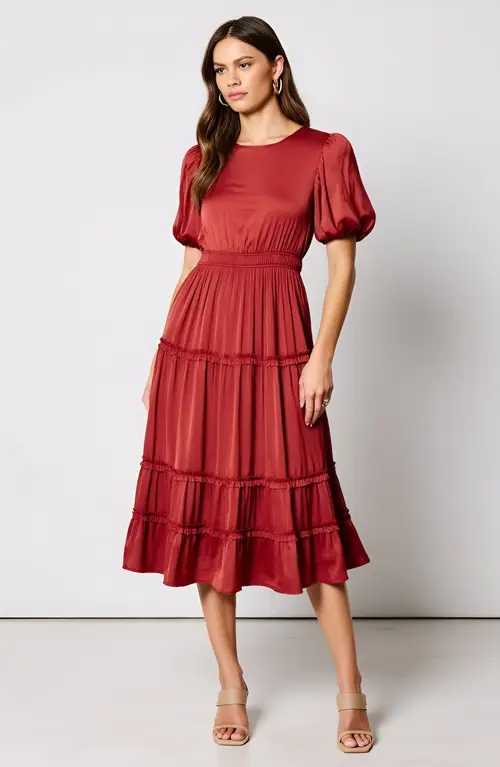 MODENAIRE Tiered Puff-sleeve Midi Dress - Rust Red