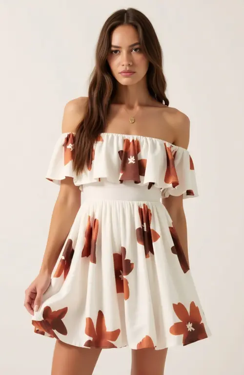 MODENAIRE Floral Ruffled Off-the-shoulder Mini Dress - White /brown Floral