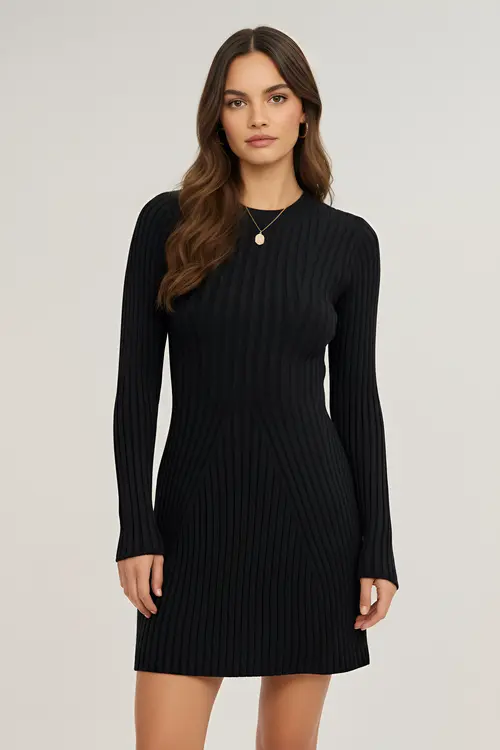 MODENAIRE Ribbed Knit Flared Hem Sweater Dress - Black