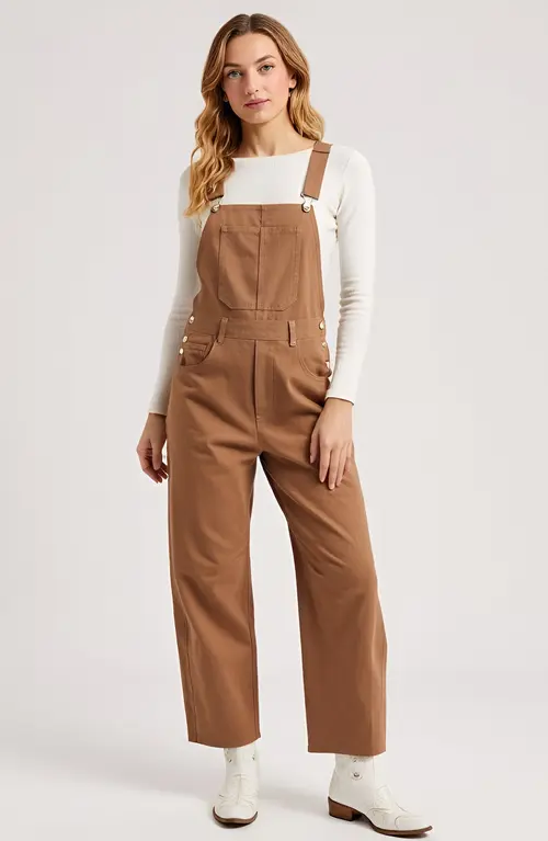 MODENAIRE Wide-leg Adjustable-strap Front Bib Pocket Overalls - Brown