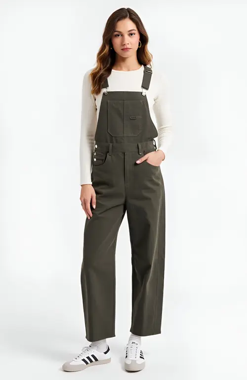 MODENAIRE Wide-leg Adjustable-strap Front Bib Pocket Overalls - Olive Green