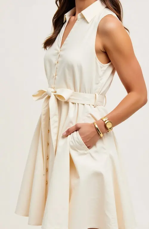 MODENAIRE Sleeveless Shirt-collar Fit-and-flare Dress With Tie-waist - Ivory