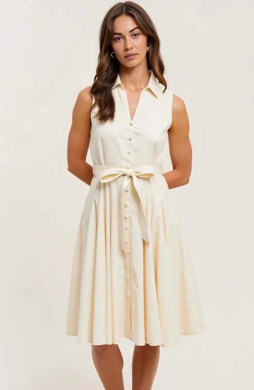 MODENAIRE Sleeveless Shirt-collar Fit-and-flare Dress With Tie-waist - Ivory