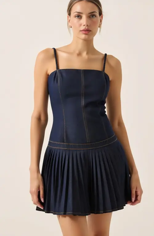 MODENAIRE Spaghetti Strap Pleated Denim Mini Dress