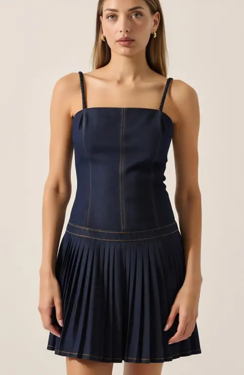 MODENAIRE Spaghetti Strap Pleated Denim Mini Dress