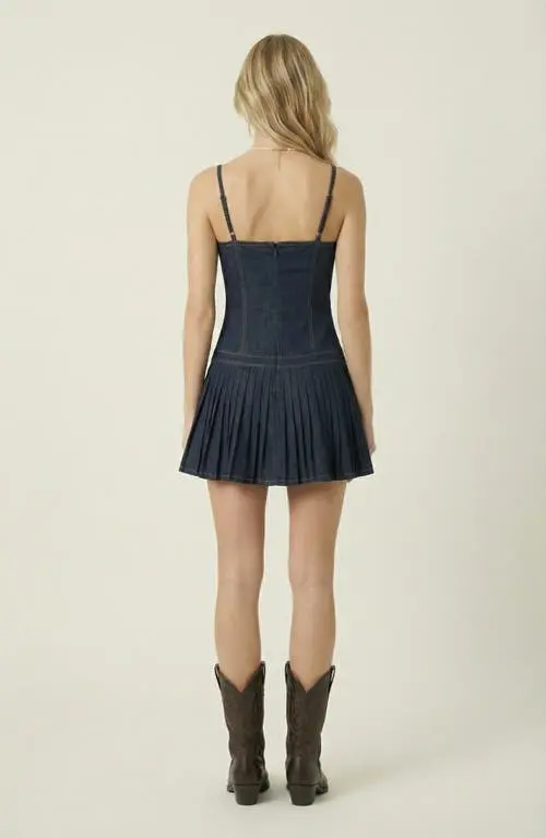 MODENAIRE Spaghetti Strap Pleated Denim Mini Dress