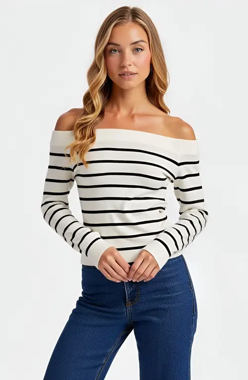 MODENAIRE Striped Off-the-shoulder Fitted Top - White /black Stripes