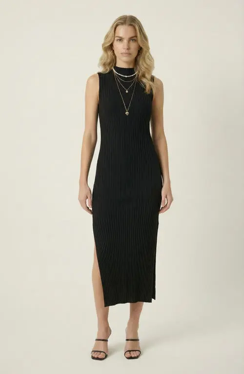 MODENAIRE Sleeveless Ribbed Knit Midi Dress With Side Slit And High Neckline - Black