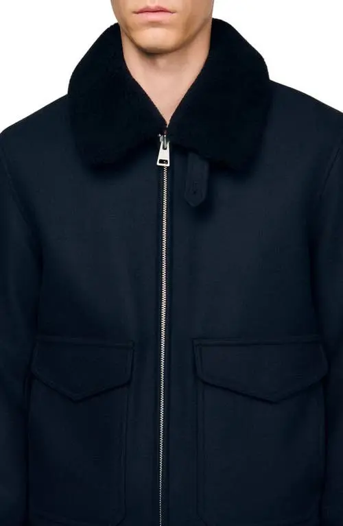 Sandro Wool Aviator Jacket With Shearling Collar - Navy Blue
