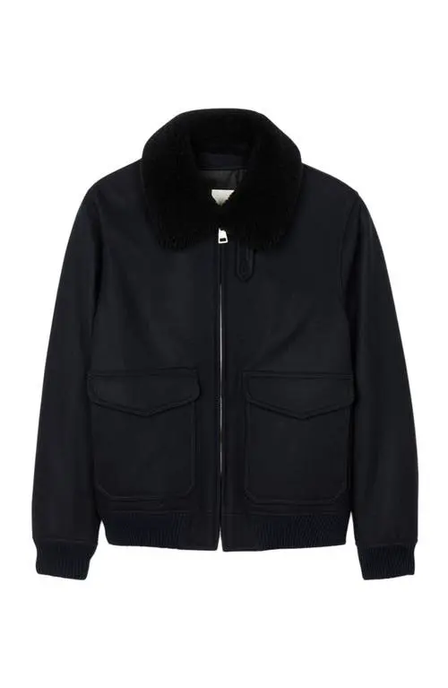 Sandro Wool Aviator Jacket With Shearling Collar - Navy Blue