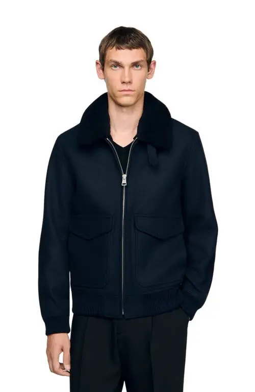 Sandro Wool Aviator Jacket With Shearling Collar - Navy Blue