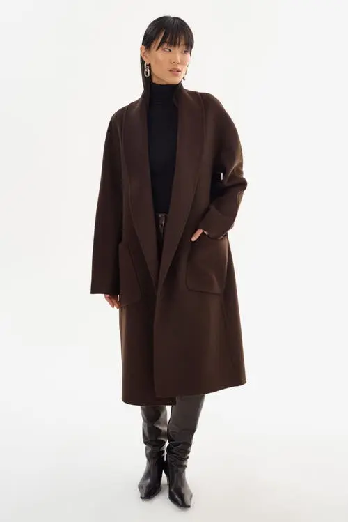 LAMARQUE Thara Shawl Collar Wool Coat - Dark Brown