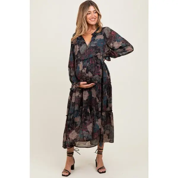 PINKBLUSH Floral Chiffon Ruffle Tiered Midi Dress - Black