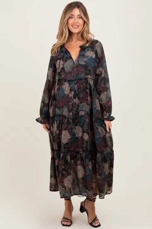 PINKBLUSH Floral Chiffon Ruffle Tiered Midi Dress - Black