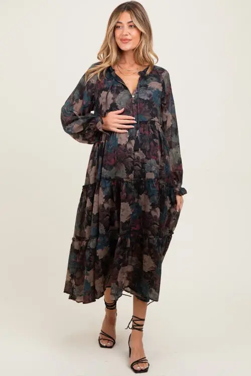 PINKBLUSH Floral Chiffon Ruffle Tiered Midi Dress - Black