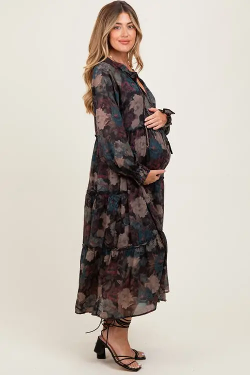 PINKBLUSH Floral Chiffon Ruffle Tiered Midi Dress - Black