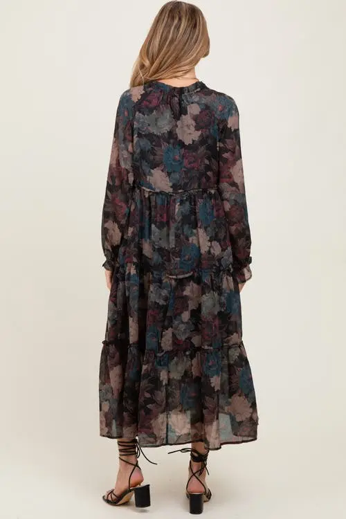 PINKBLUSH Floral Chiffon Ruffle Tiered Midi Dress - Black