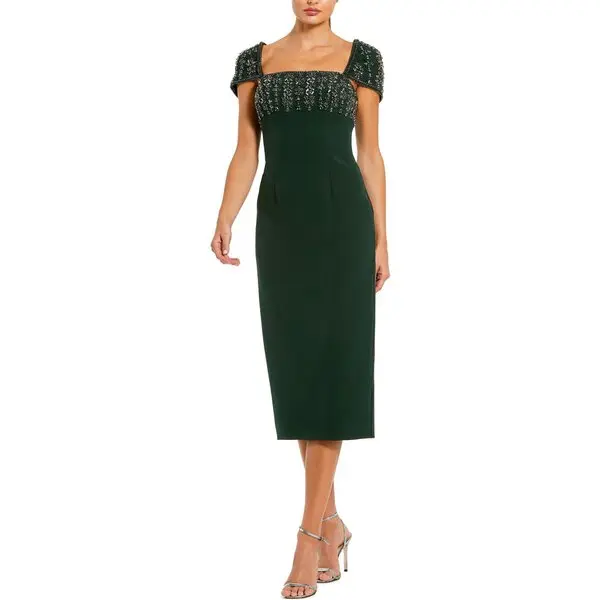 Mac Duggal Crepe Embellished Cap Sleeve Fitted Midi Dress - Dark Emerald