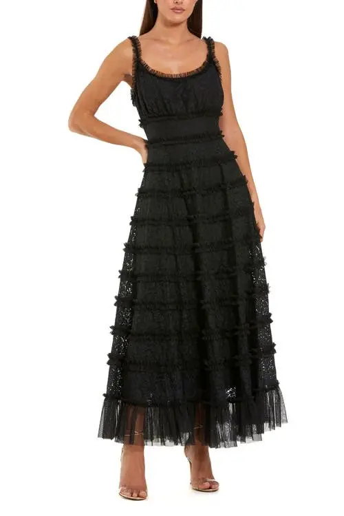 Mac Duggal Sleeveless Lace A-line Midi Dress With Ruffles - Black