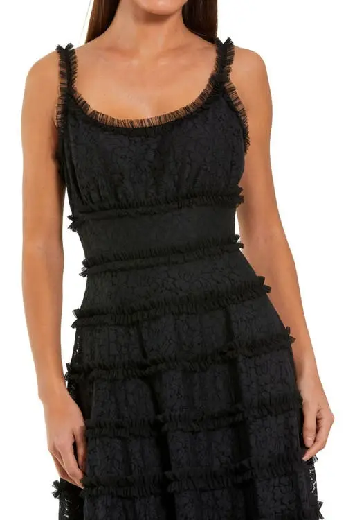Mac Duggal Sleeveless Lace A-line Midi Dress With Ruffles
