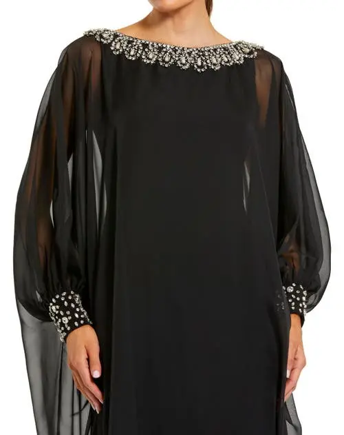 Mac Duggal Chiffon Long Sleeve Kaftan Gown With Beaded Neckline