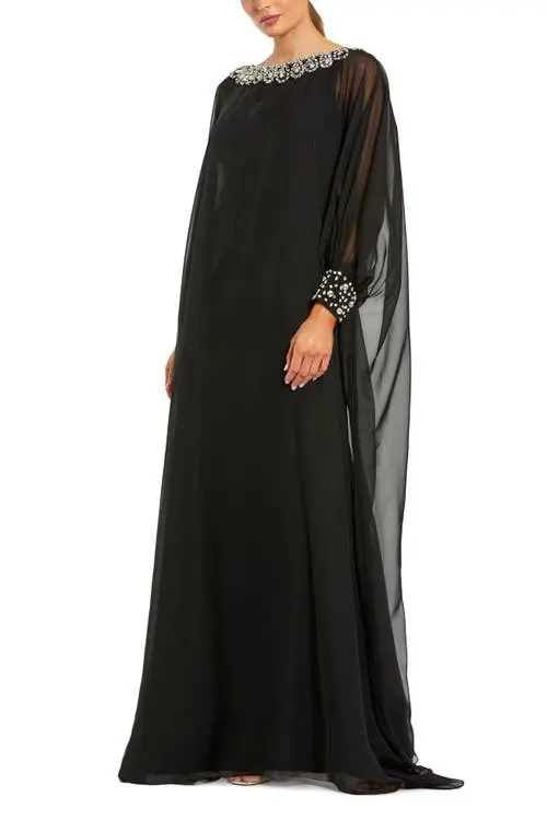 Mac Duggal Chiffon Kaftan Gown With Embellished High Neck - Black