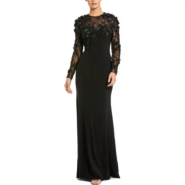 Mac Duggal Jersey Long Sleeve Fitted Gown With Floral Beading - Black