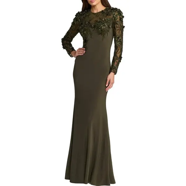 Mac Duggal Jersey Long Sleeve Gown With Floral Beading - Olive